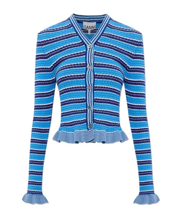 GANNI Striped Ruffle Knit Cardigan - Blue