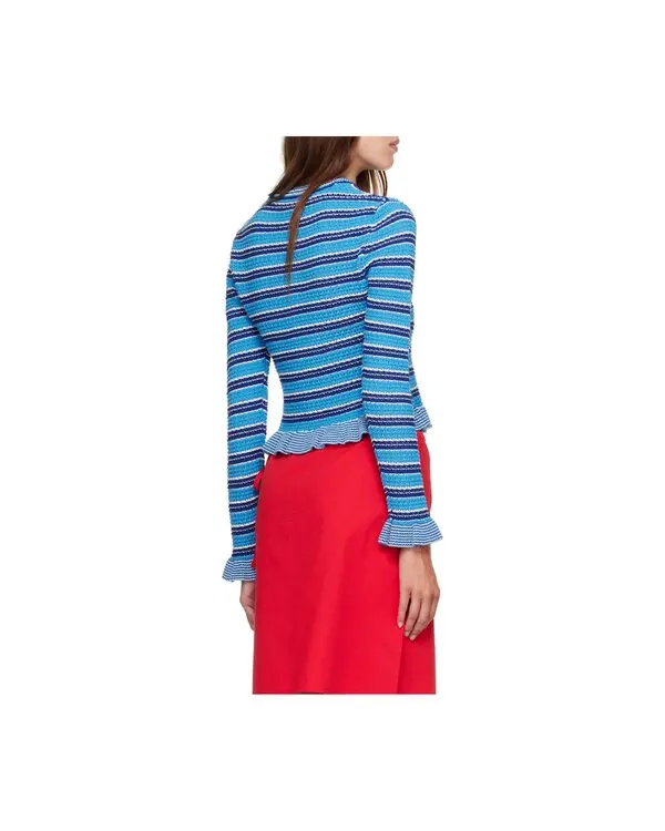 GANNI Striped Ruffle Knit Cardigan
