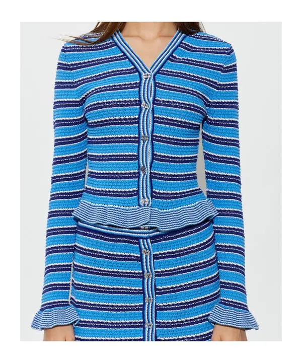 GANNI Striped Ruffle Knit Cardigan