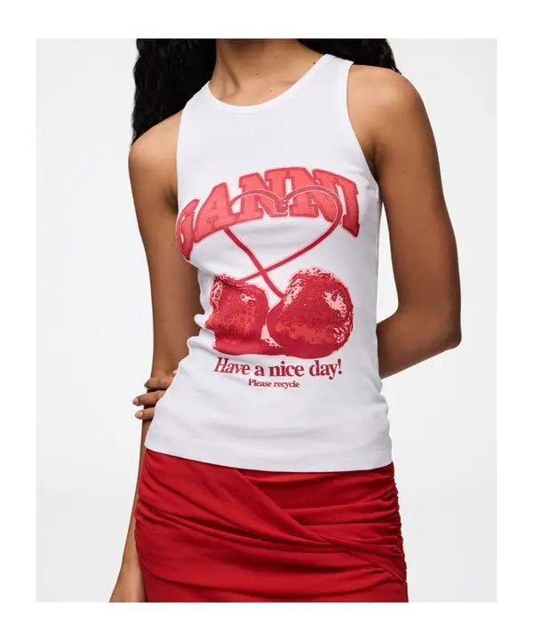 GANNI Cherries Graphic Ribbed Tank Top - Bright White