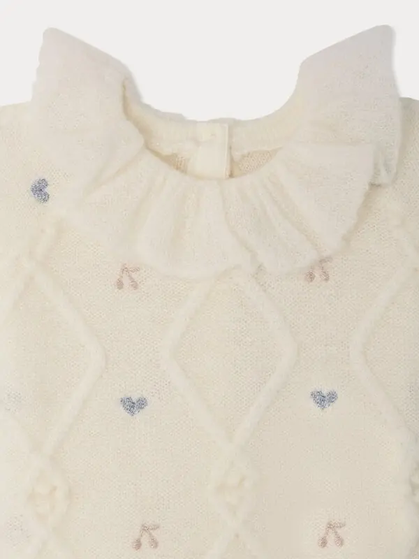 Bonpoint Jostina Cable Knit Sweater With Embroidered Flowers