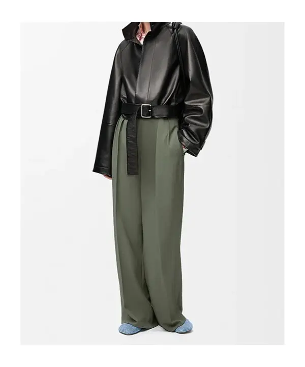 Loewe Long-sleeved Leather Jacket With High Collar And Belted Hem