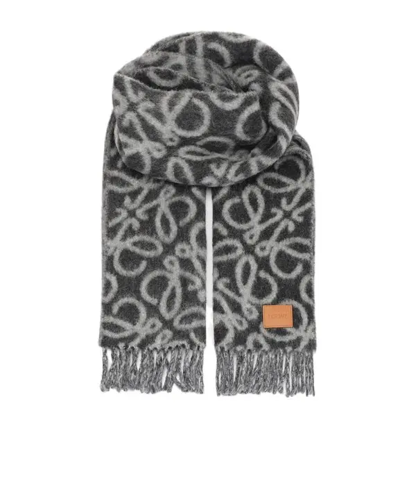 Loewe Anagram Intarsia Fringed Scarf - Gray