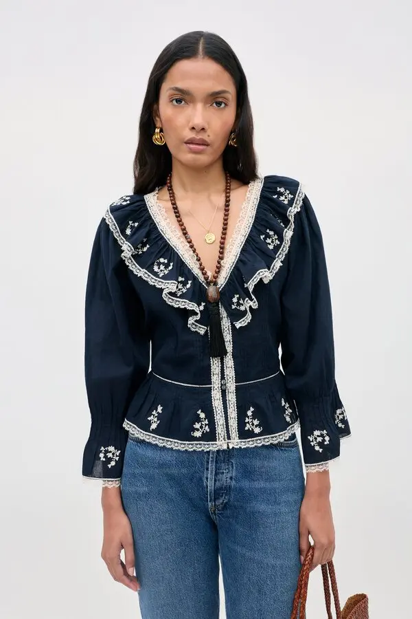 Rixo Solene Embroidered Cotton Blouse