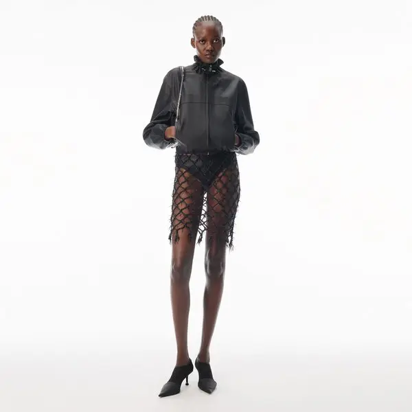 Alexander Wang Cropped Leather Jacket With Gathered Collar - Black