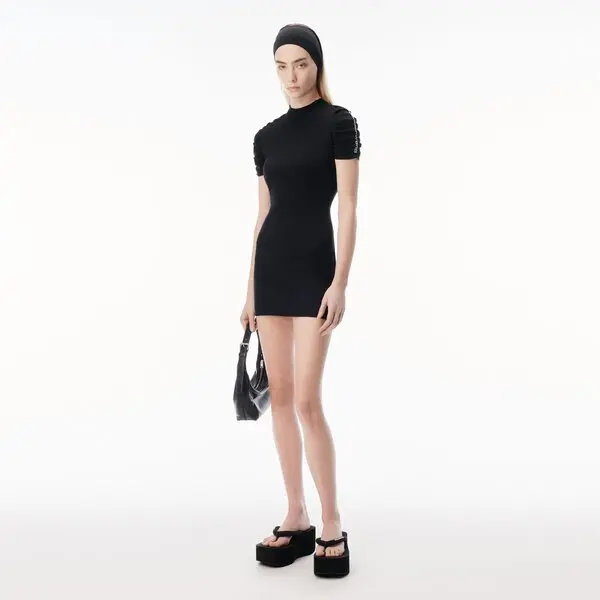Alexander Wang Ruched Logo Short Sleeve Mini Dress - Black