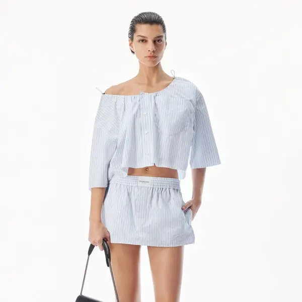 Alexander Wang Off-shoulder Cropped Shirt With Bungee Drawcord - White/blue
