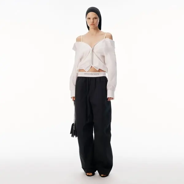 Alexander Wang Mid-rise Pleated Wide-leg Pants With Logo Elastic Waist