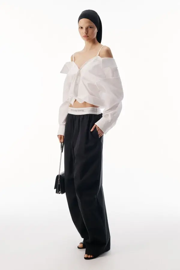 Alexander Wang Mid-rise Pleated Wide-leg Pants With Logo Elastic Waist