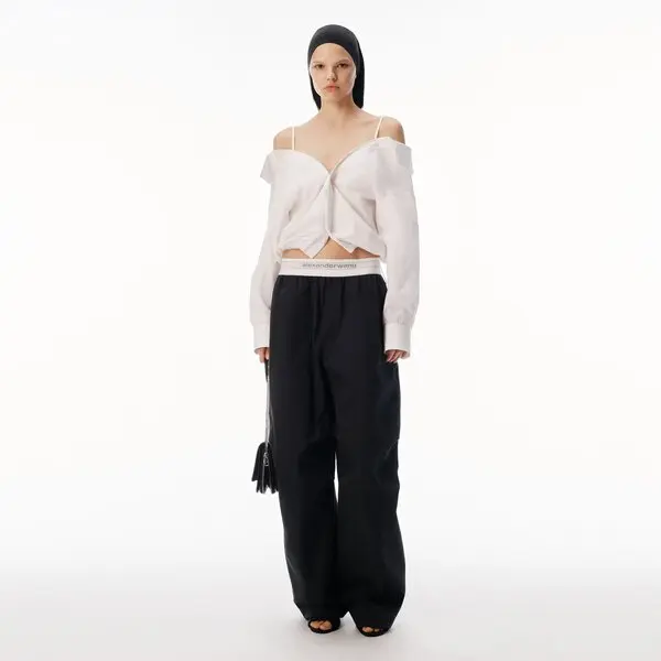 Alexander Wang Mid-rise Pleated Wide-leg Pants With Logo Elastic Waist - Black