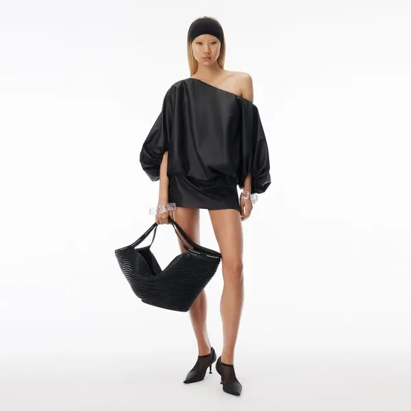 Alexander Wang Gathered Off-shoulder Lambskin Mini Dress - Black
