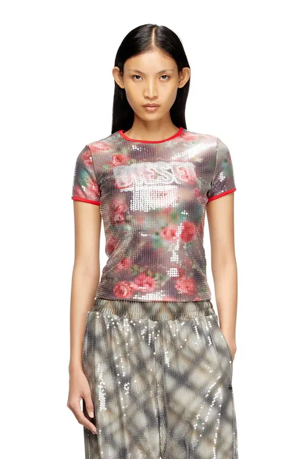 DIESEL® Skinny Fit Floral Print Jersey Top With Sequins - Multicolor