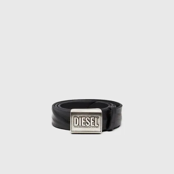 DIESEL® Leather Belt With Logo Plaque - Black