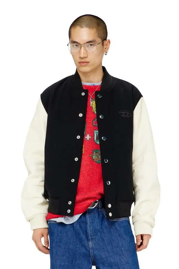DIESEL® Wool Blend And Leather Bomber Jacket - Multicolor