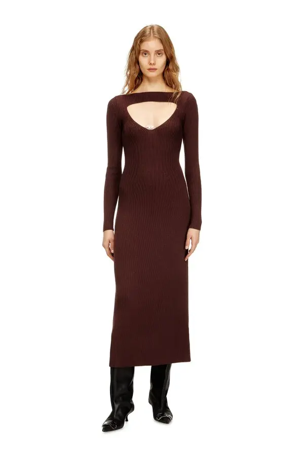 DIESEL® Midi Wool Dress With Cut-out And Ribbed Texture - Red