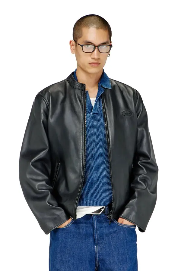 DIESEL® Waxed Leather Biker Jacket With Embossed Logo