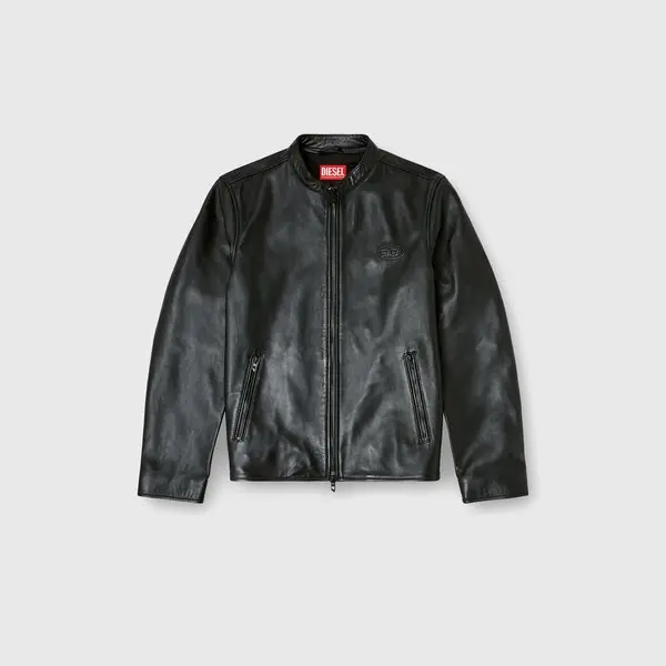 DIESEL® Waxed Leather Biker Jacket With Embossed Logo - Black