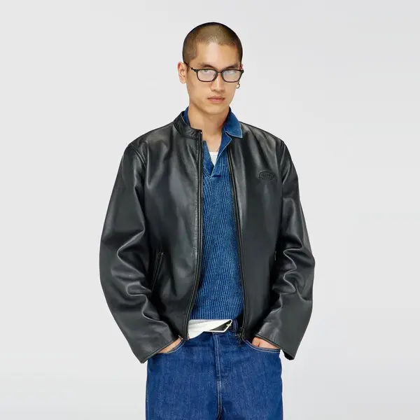 DIESEL® Waxed Leather Biker Jacket With Embossed Logo - Black