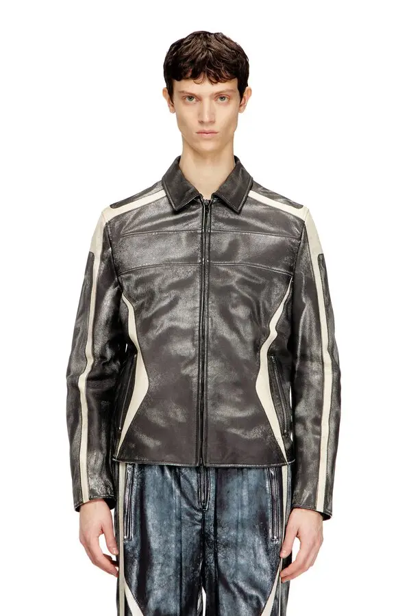 DIESEL® Leather Biker Print Coach Jacket