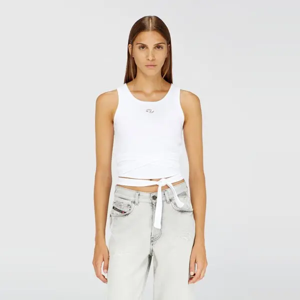 DIESEL® Ribbed Stretch Cotton Crop Top With Wrap Laces - White