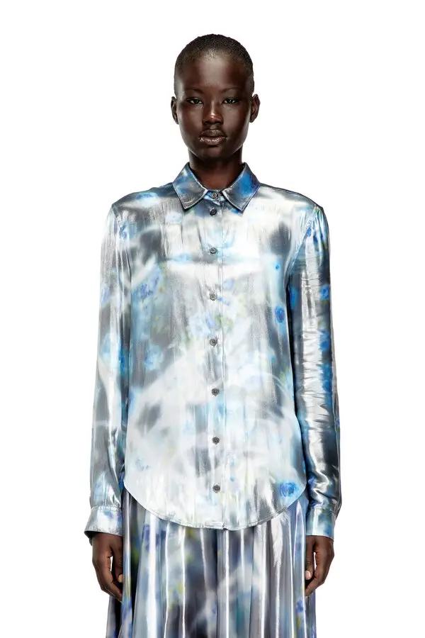 DIESEL® Metallic Blurred Roses Print Long Sleeve Shirt - Blue