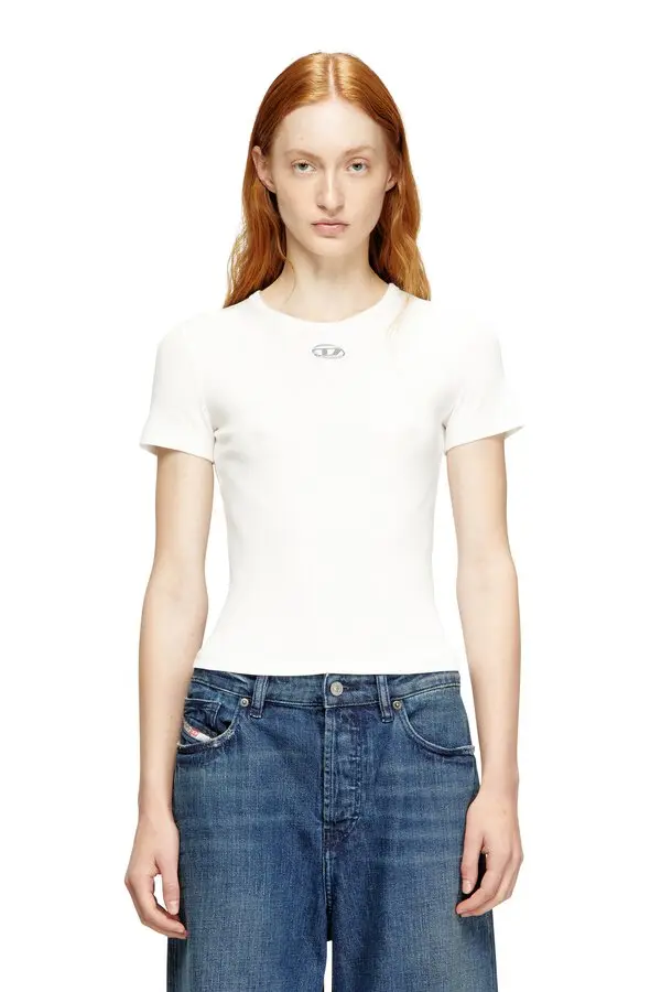 DIESEL® Slim Ribbed Cotton-elastane T-shirt With Metallic Oval D Logo - White