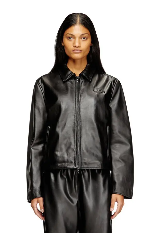 DIESEL® Leather Coach Jacket With Embossed Logo - Black