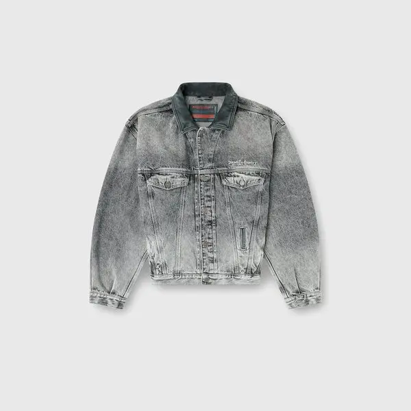 DIESEL® Denim Trucker Jacket With Leather Trim And Embroidered Logo - Grey