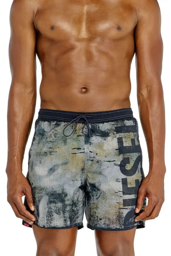 DIESEL® Swim Shorts With Distressed Print And Maxi Logo