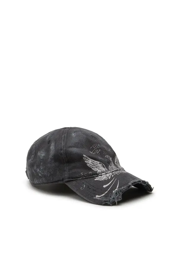 DIESEL® Distressed Baseball Cap With Phoenix Print - Black