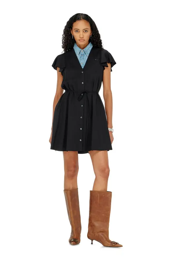 DIESEL® Cupro Blend V-neck Flutter Sleeve Button-front Mini Dress With Belt - Black
