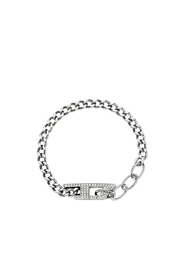 DIESEL® Stainless Steel Chain Link Bracelet With Logo Pendant - Silver