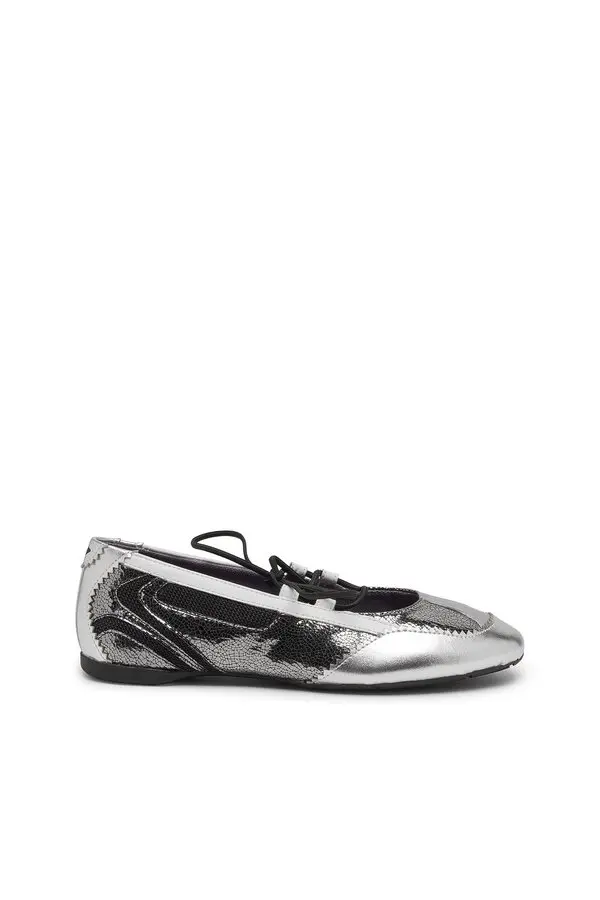 DIESEL® Metallic Lace-up Ballet Flats - Silver