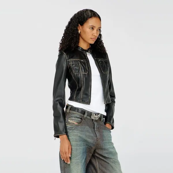 DIESEL® Cropped Distressed Biker Jacket - Black
