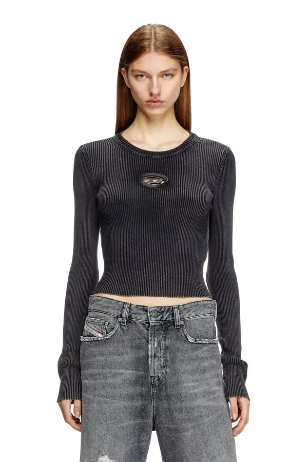 DIESEL® Cropped Ribbed Jumper With Cut-out Logo Detail - Black