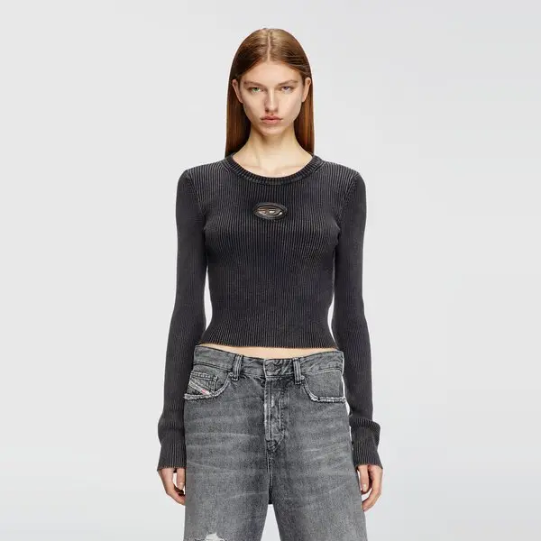DIESEL® Cropped Ribbed Jumper With Cut-out Logo Detail - Black