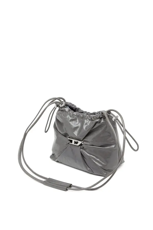 DIESEL® Scrunch D Bucket Bag In Shiny Wrinkled Leather - Grey