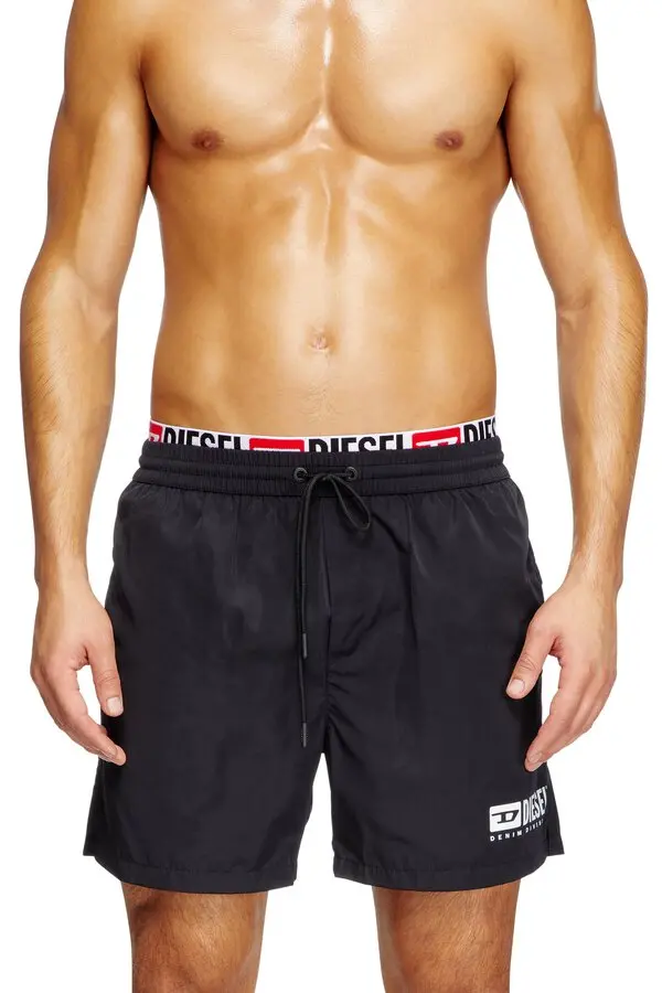 DIESEL® Mid-length Swim Shorts With Logo Print - Black