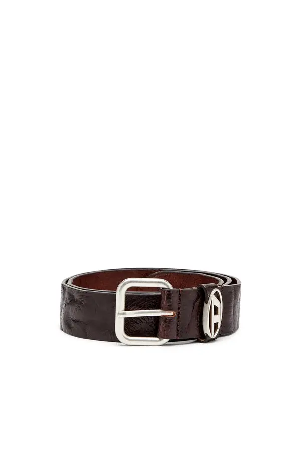 DIESEL® 3.9cm Logo Plaque Wrinkled Leather Belt - Brown