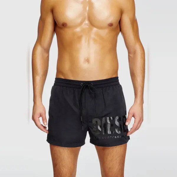 DIESEL® Mid-length Logo Print Swim Shorts - Black