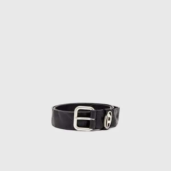DIESEL® 3.9cm Logo Plaque Wrinkled Leather Belt - Black