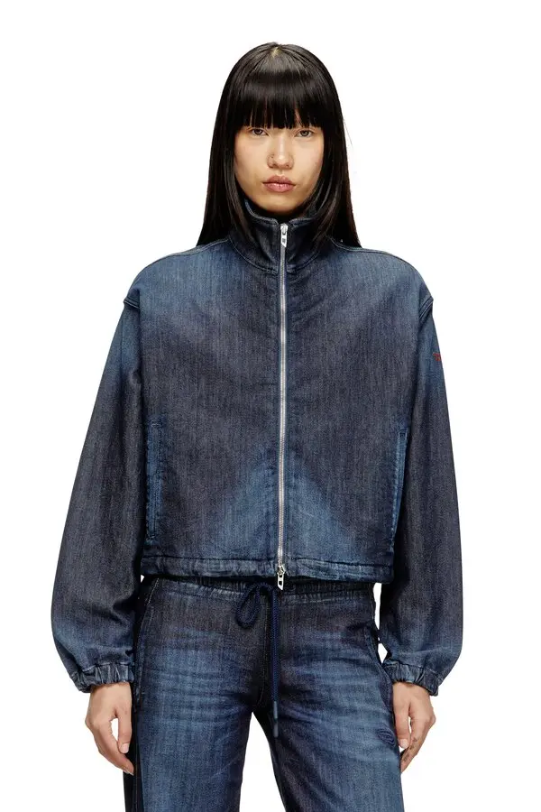 DIESEL® High-neck Jogg Jeans Jacket With Embroidered Logo - Blue