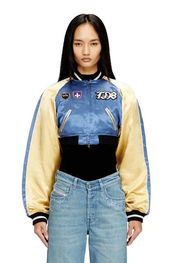 DIESEL® Cropped Satin Bomber Jacket With Embroidered Embellishments