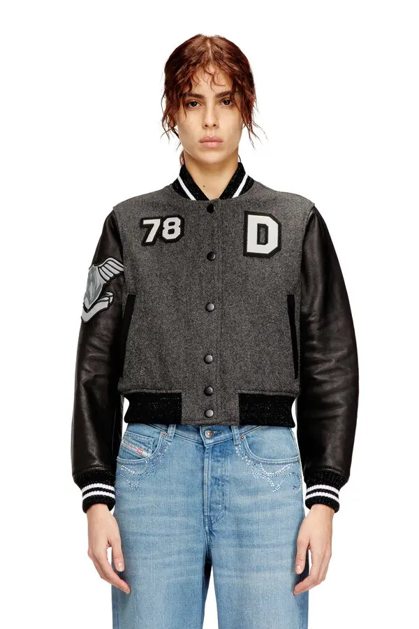 DIESEL® Cropped Wool & Leather Varsity Jacket With Embroidered Motifs