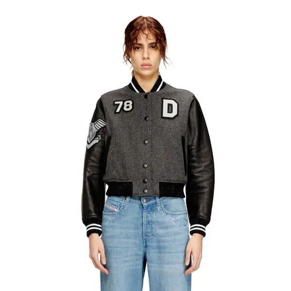 DIESEL® Cropped Wool & Leather Varsity Jacket With Embroidered Motifs - Multicolor