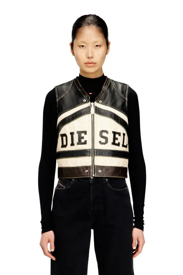 DIESEL® Paneled Leather Vest With Logo And Sporty Stripes