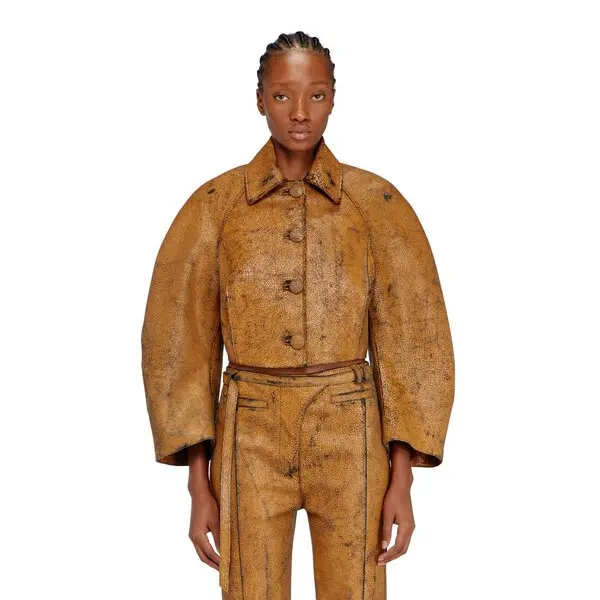 DIESEL® Crackle Leather Cropped Cocoon Jacket - Brown