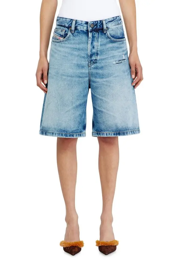 DIESEL® Relaxed Fit Fluid Denim Bermuda Shorts With Abrasions - Blue