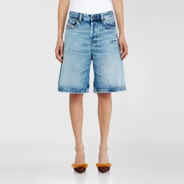 DIESEL® Relaxed Fit Fluid Denim Bermuda Shorts With Abrasions - Blue