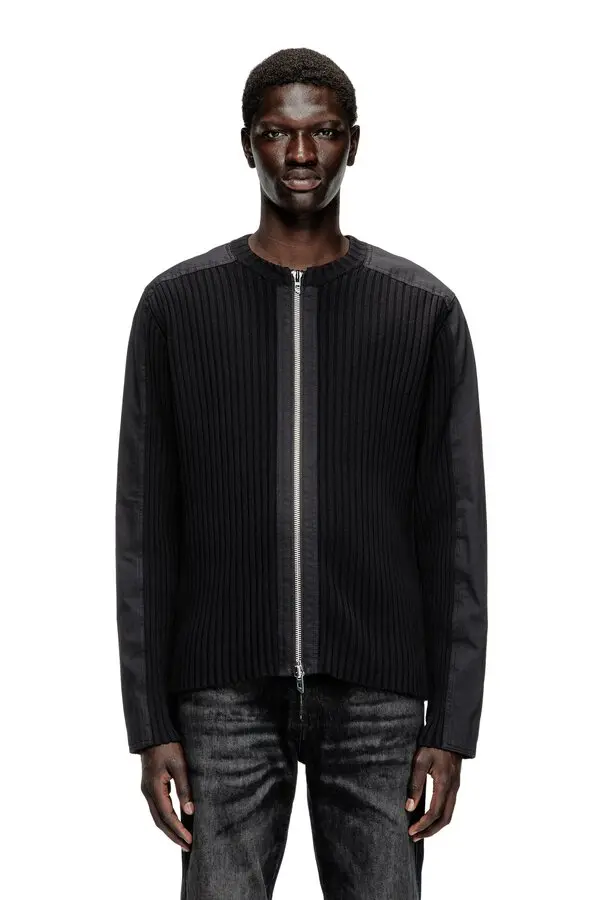 DIESEL® Ribbed Cardigan With Utilitarian Panels - Black